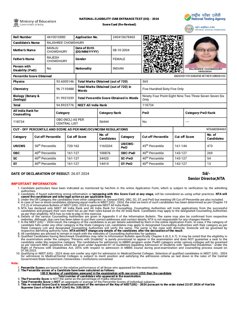 NEET 2024 Score Card Analysis | PDF