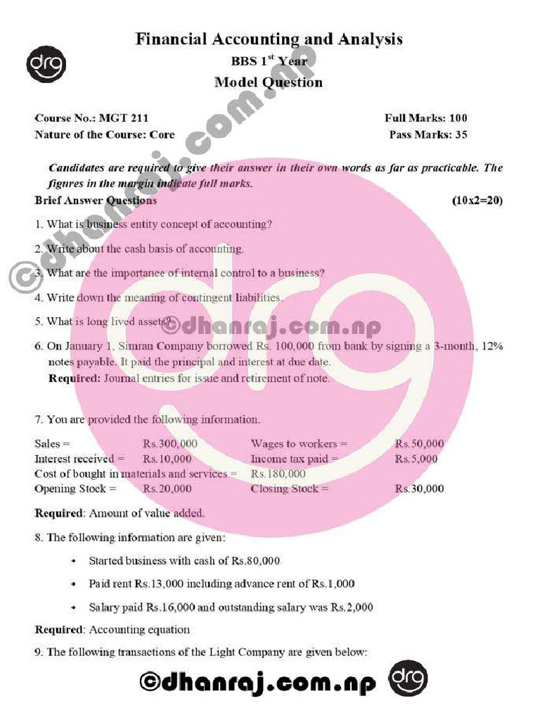 Bbs First Year Financial Accounting Analysis Model Question 2020 Set A