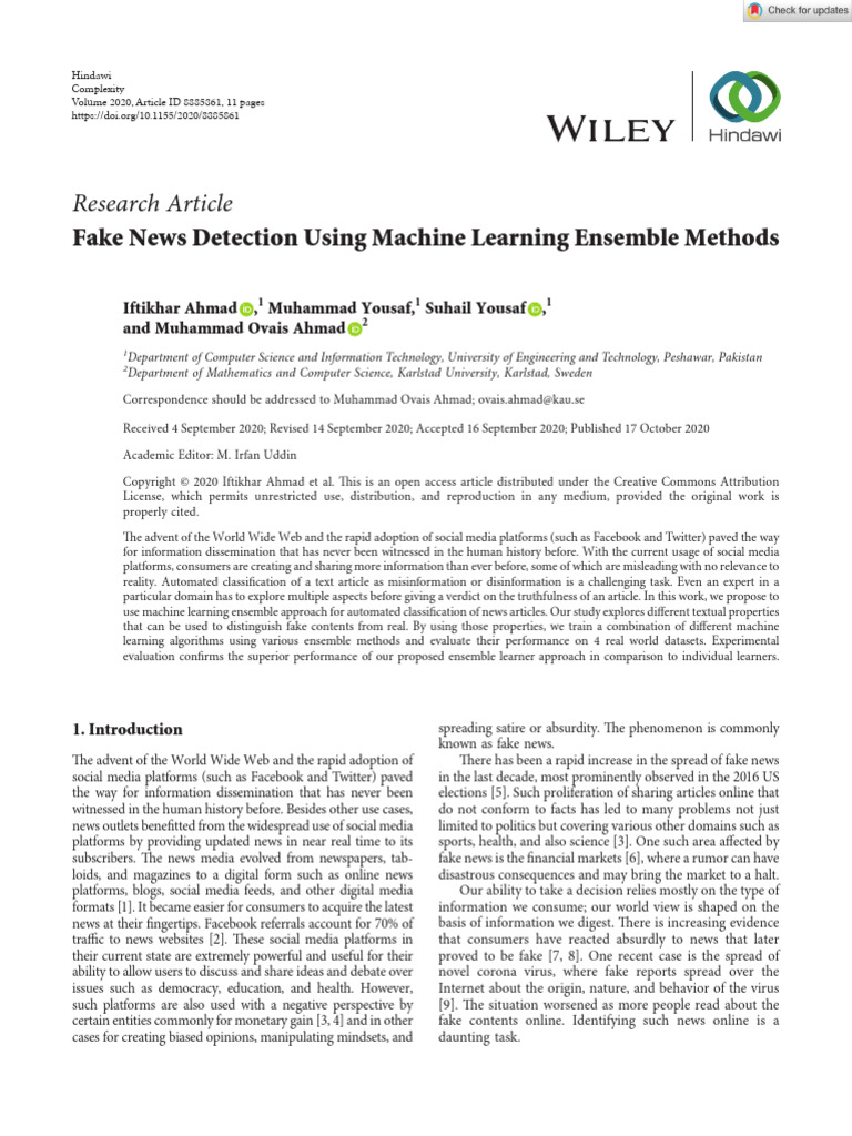 Complexity - 2020 - Ahmad - Fake News Detection Using Machine Learning Ensemble Methods | PDF ...