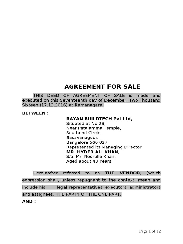 Agreement for Sale of 2 Acres in Ramanagara | PDF | Deed | Consideration