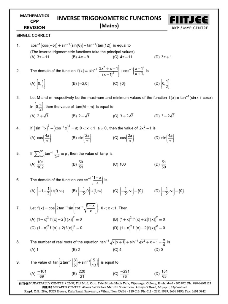Sr Maths Revision_inverse Trigonometric Functions_mains Cpp | PDF | Function (Mathematics ...