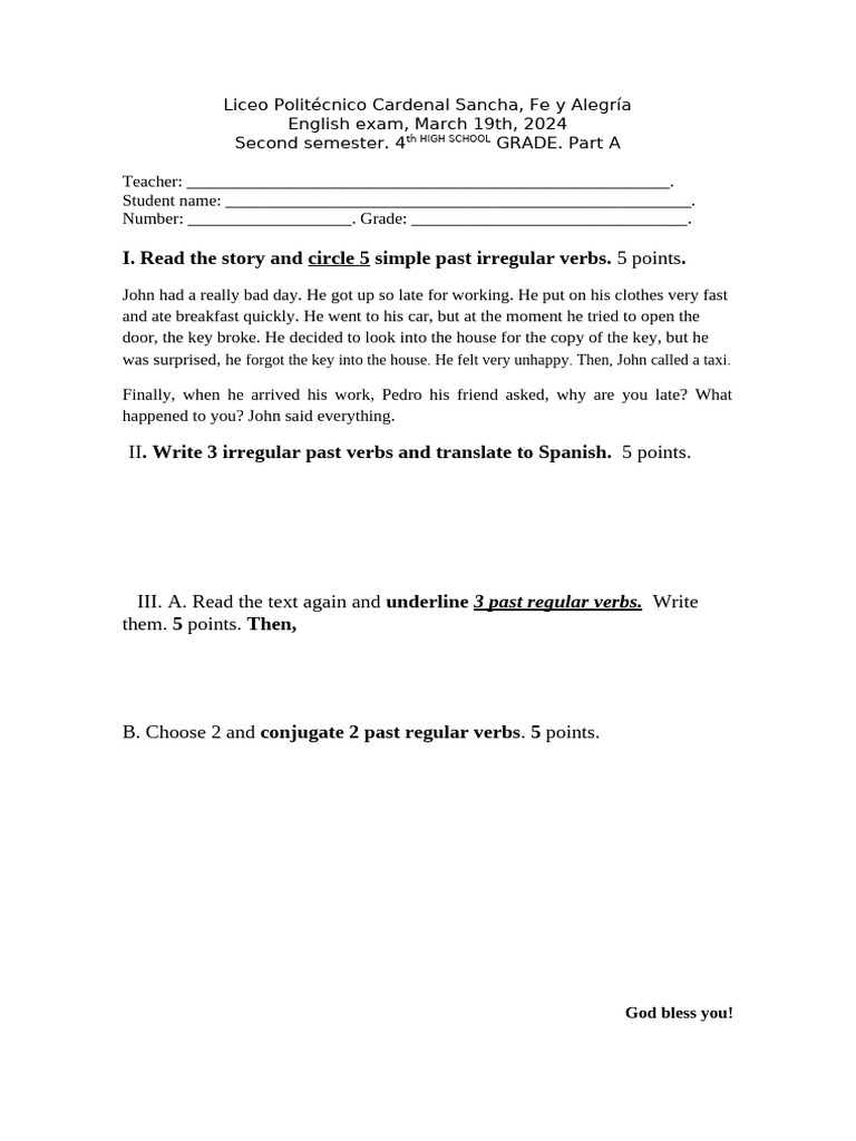 English Exam: Irregular Verbs Practice | PDF