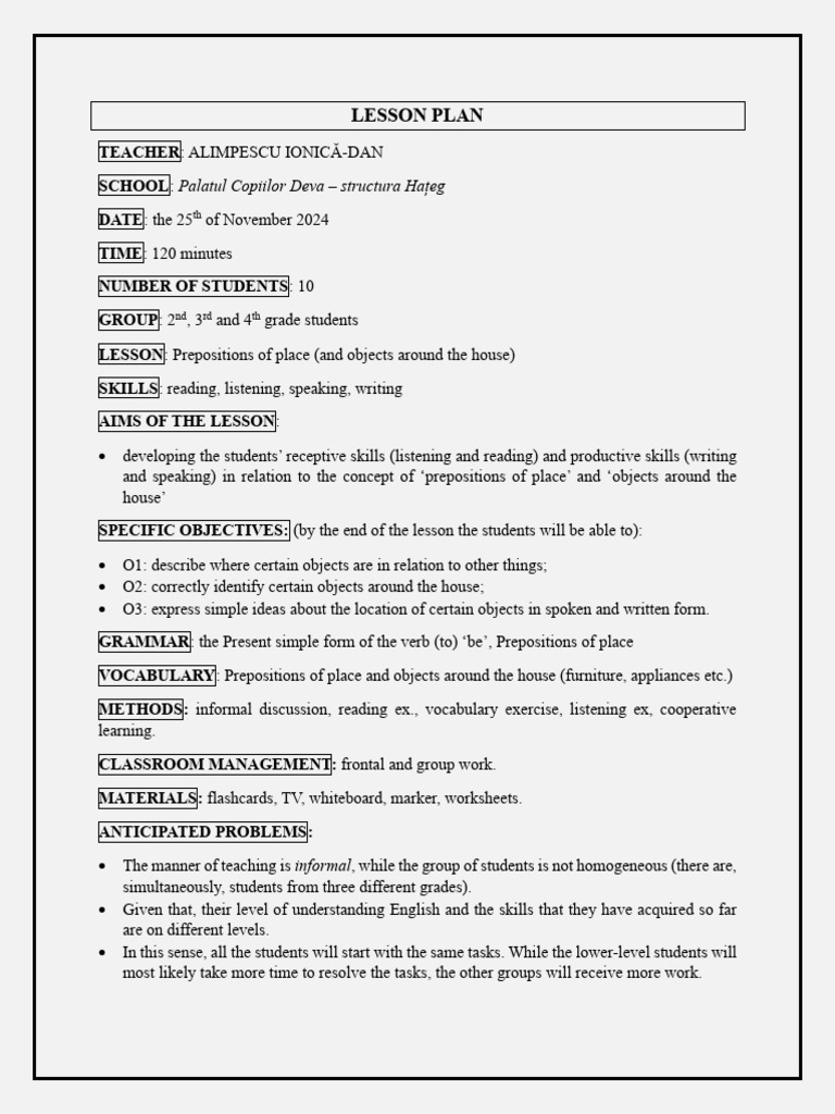 Prepositions of Place Lesson Plan | PDF | Lesson Plan | Teachers