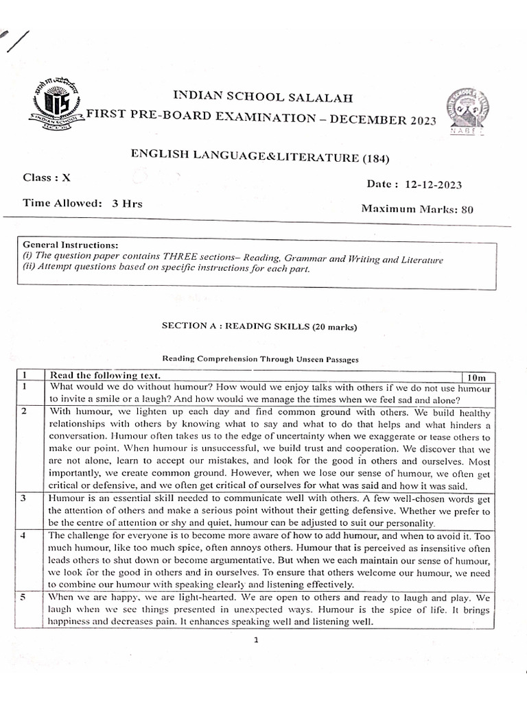 First Pre Board English | PDF