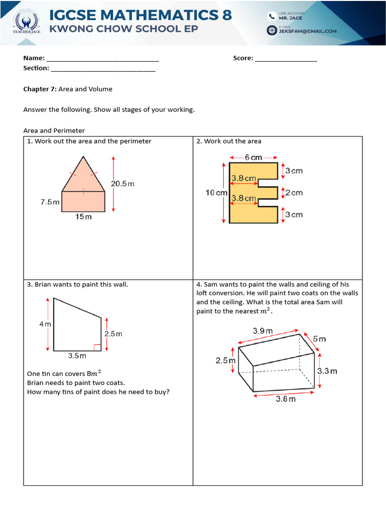 Worksheet Grade 8 Chapter 7 | PDF | Area | Sphere