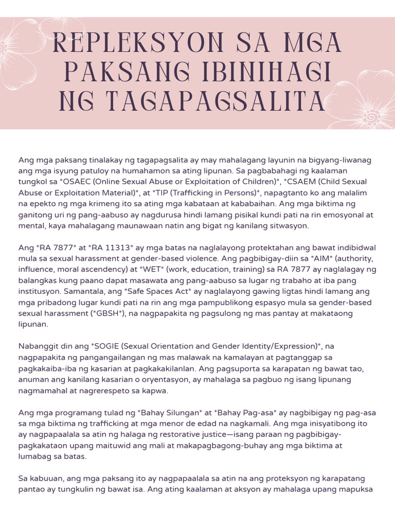 Repleksyon Sa Mga Paksang Ibinihagi Ng Tagapagsalita | PDF