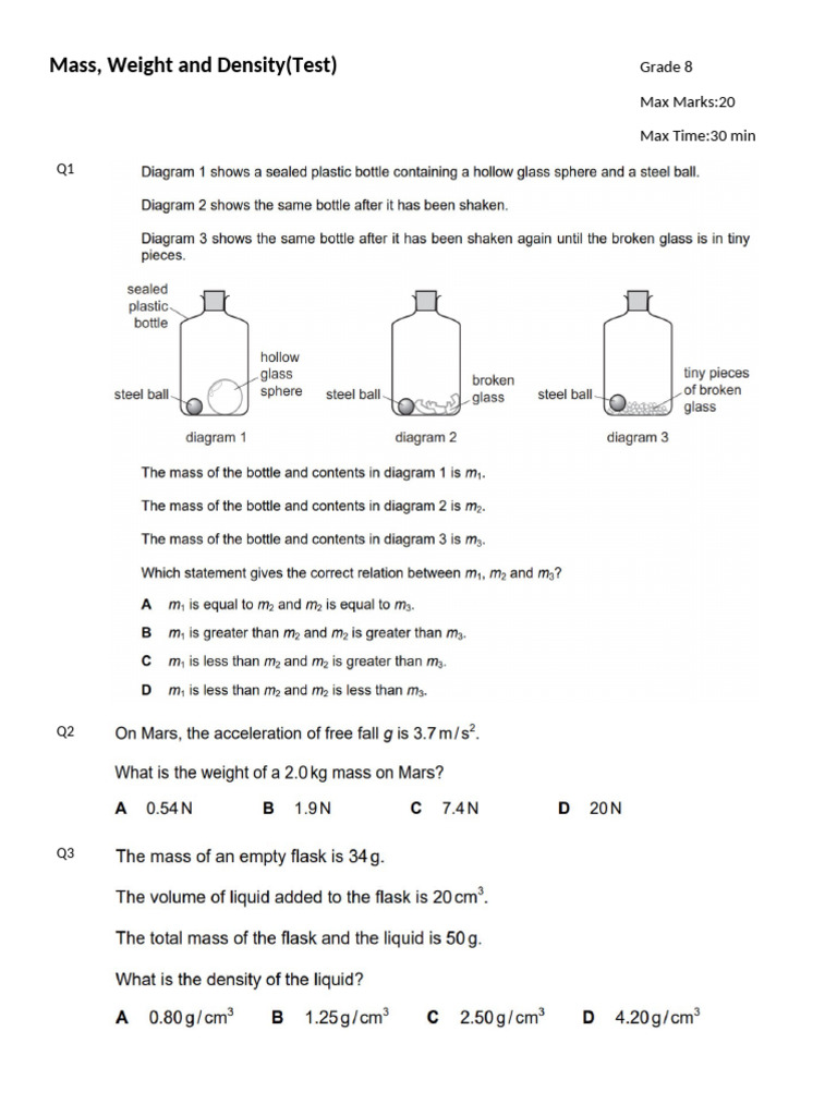 Mass, Weight and Density (Grade 8 Test) | PDF