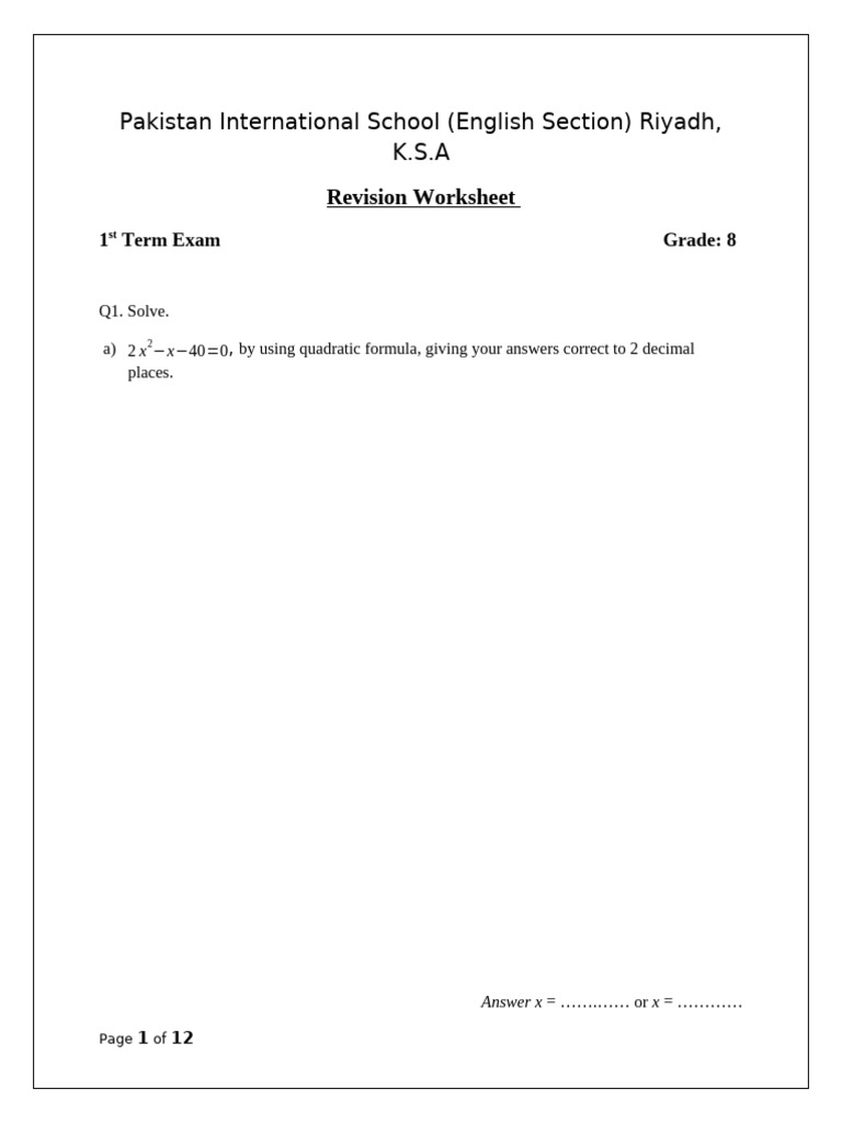 Gr8 1st term Revision Worksheet | PDF | Area | Mathematics