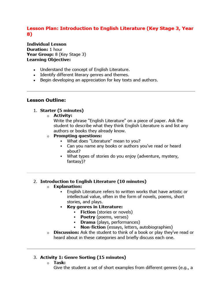 Intro to English Literature Lesson Plan | PDF | Genre | English Literature