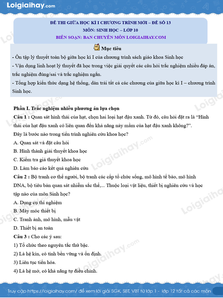 De Thi Giua Ki 1 Sinh 10 Ket Noi Tri Thuc de So 13 1730388537 | PDF