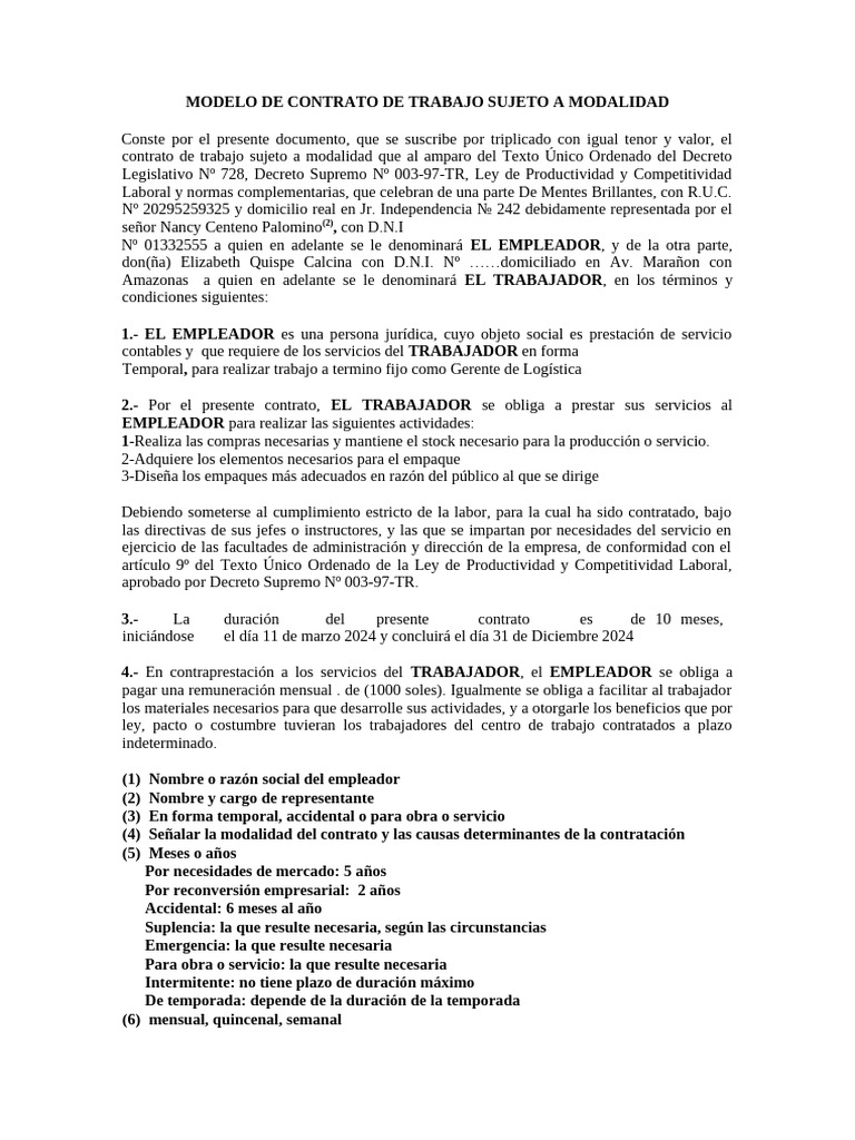 CONTRATO-DE-TRABAJO-SUJETO-A-MODALIDAD (2) Elizabeth | PDF | Economias