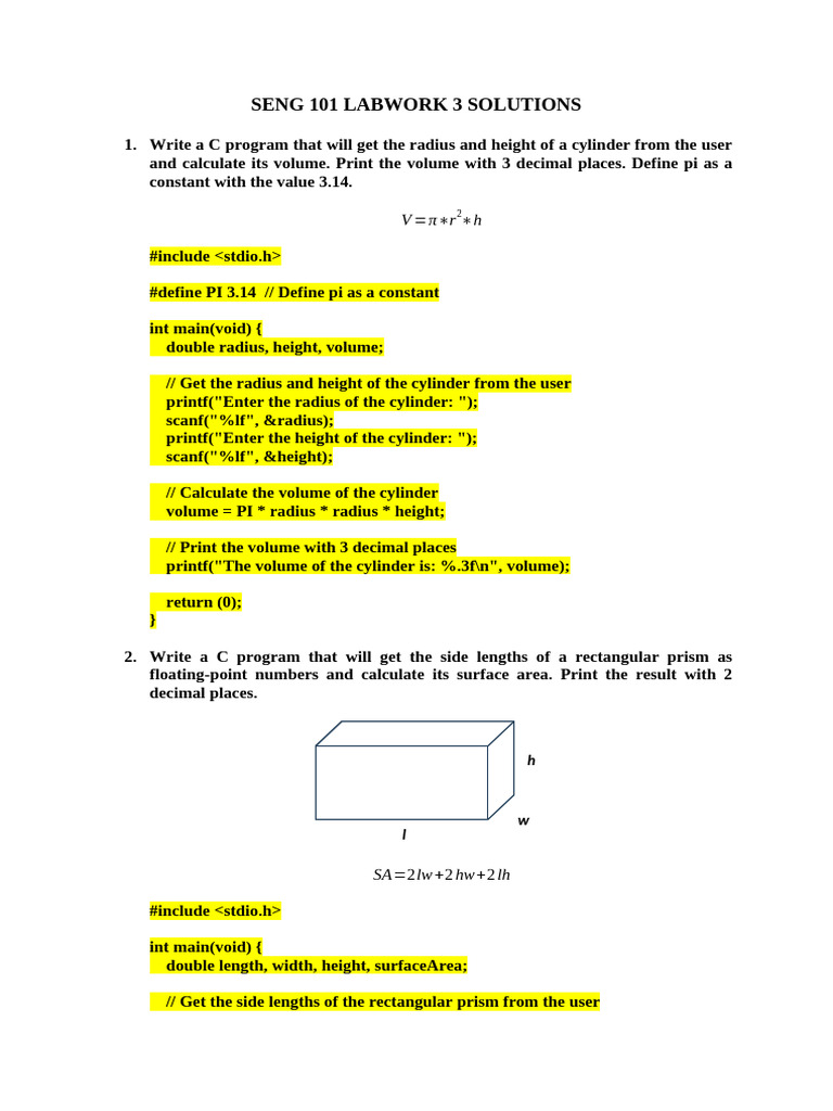 SENG101 Labwork 3 Solutions | PDF | Area | Volume