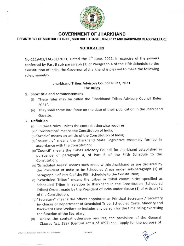 Jharkhand Tribes Advisory Council Rules, 2021 | PDF