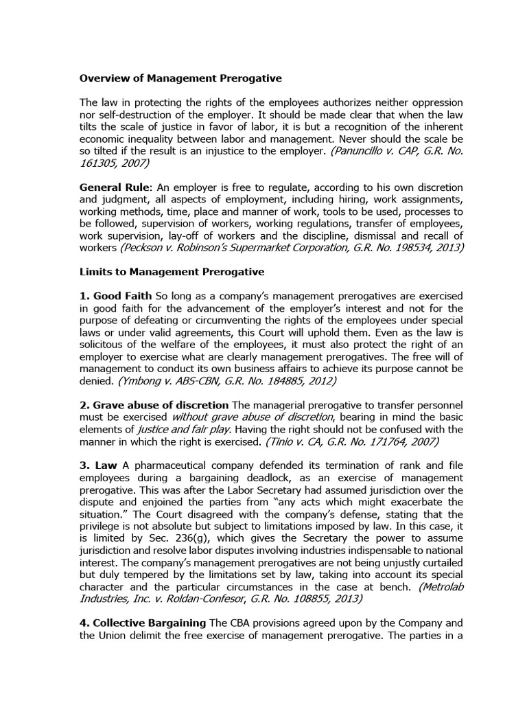 Labor Law Management Prerogative | PDF | Employment | Restraint Of Trade