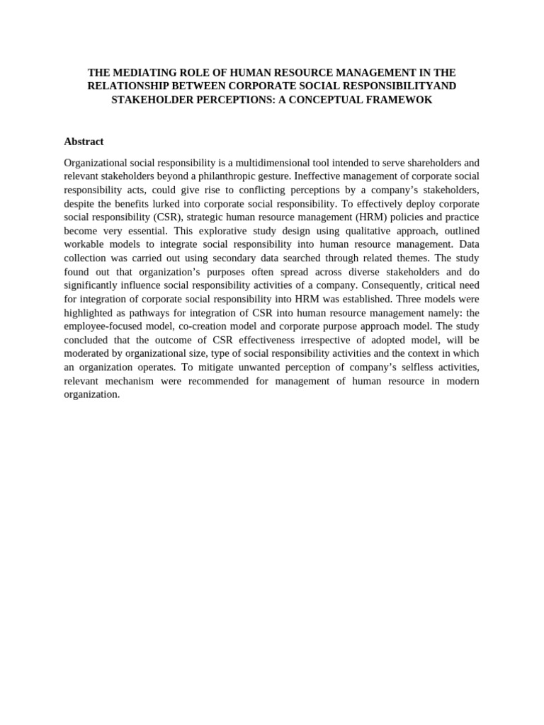 The Mediating Role of Human Resource Management in Corporate Social Responsibility | PDF ...