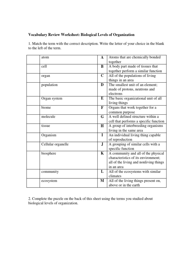 Biological Levels of Organization Worksheet | PDF | Biology | Cell ...