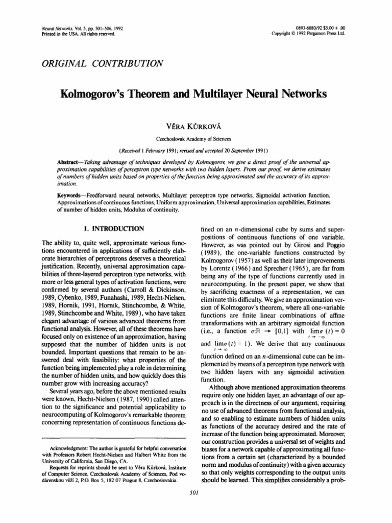 Kurkova Kolmogorov's Theorem and Multilayer Neural Networks | PDF | Norm (Mathematics ...