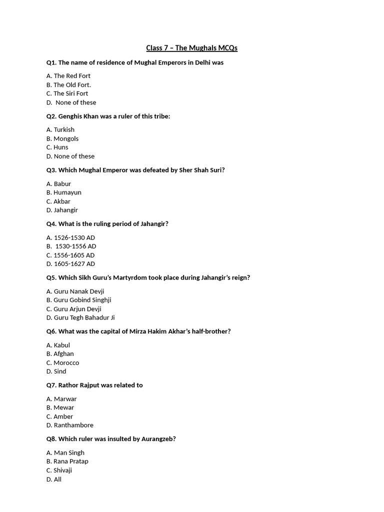 Class 7 Mughal Empire MCQs and Answers | PDF | Mughal Empire