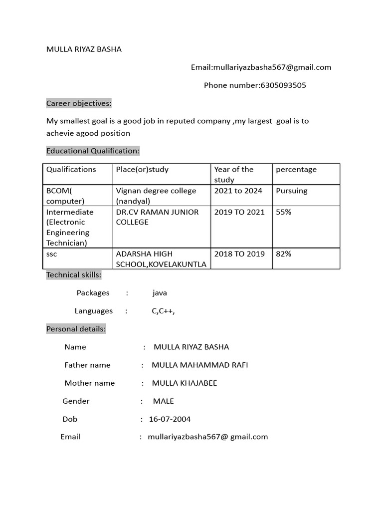 Mulla Riyaz Basha Resume | PDF