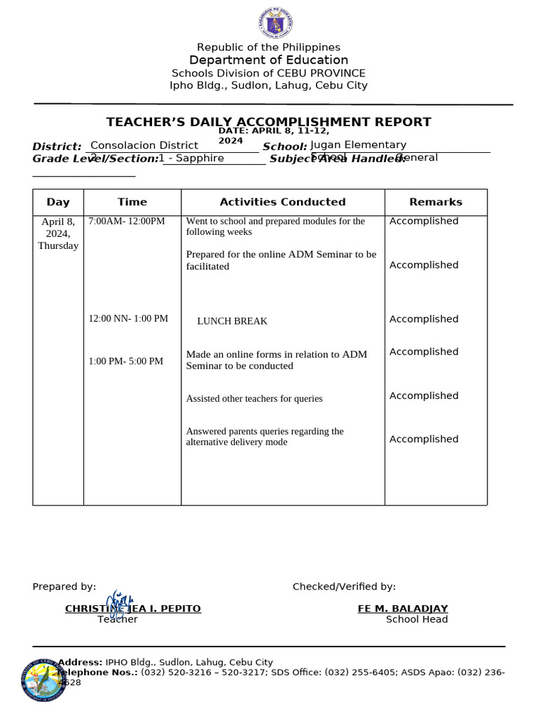 WFH-Teacher's Daily Accomplishment Report - Pepito | PDF | Teachers ...