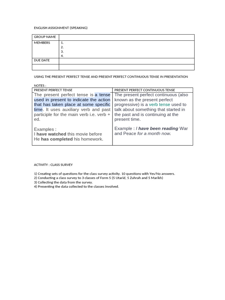 Present Perfect Tense in Class Survey | PDF