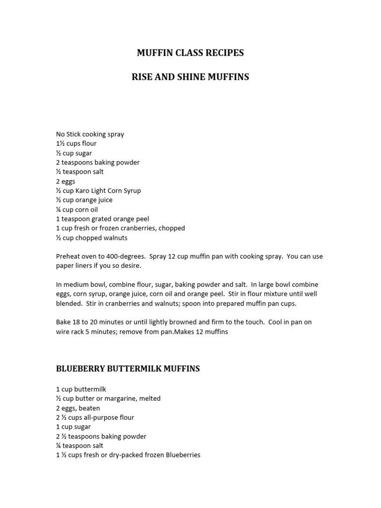 22FA11 Muffin Class Recipes | PDF | Teaspoon | Muffin