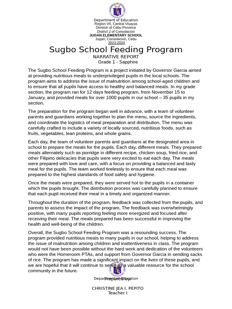 Narrative Report - Feeding | PDF | Cuisine | Foods