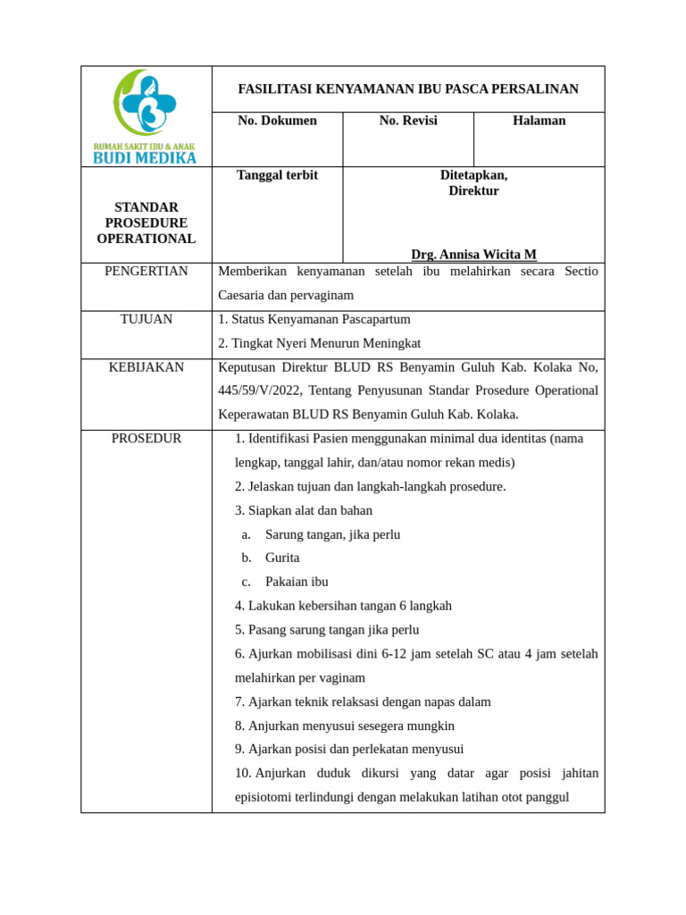 Sop Standar Fasilitasi Kenyamanan Ibu Pasca Persalinan | PDF