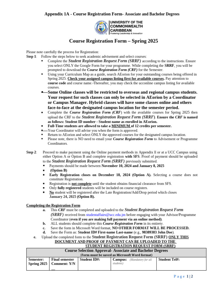 Form - Course Registration Form 1A - Associate & Bachelor Degrees, Oct ...