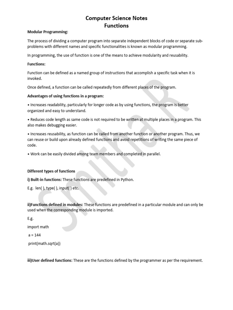 Computer Ch 2 Notes Functions 2024 25 Pdf Parameter Computer Programming Software
