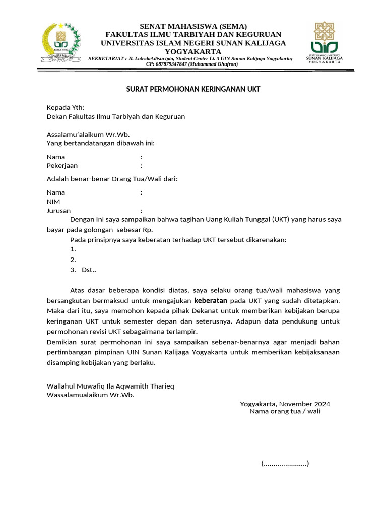SURAT PERMOHONAN KERINGANAN UKT-1 | PDF