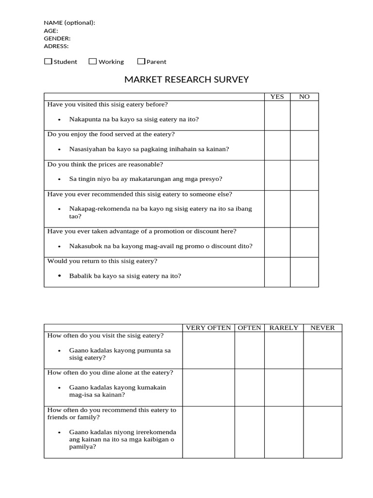 Market Research Survey: NAME (Optional) : Age: Gender: Adress: Student ...