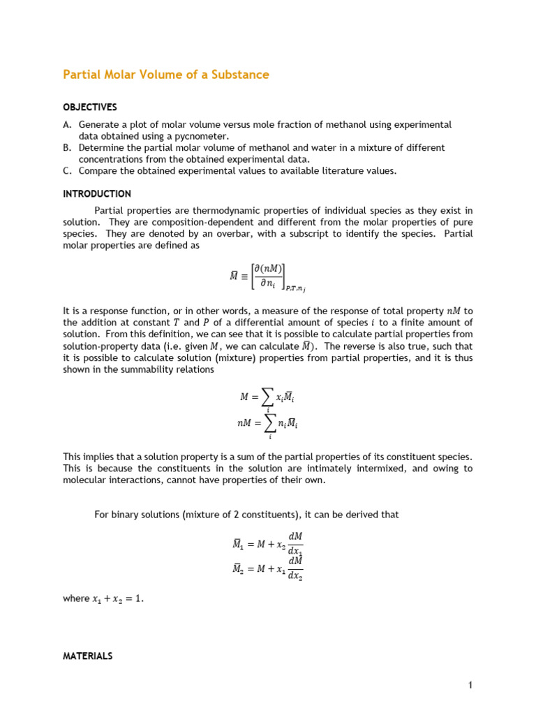 Expt. 0 - Partial Molar Volume | PDF | Molar Concentration | Continuum ...