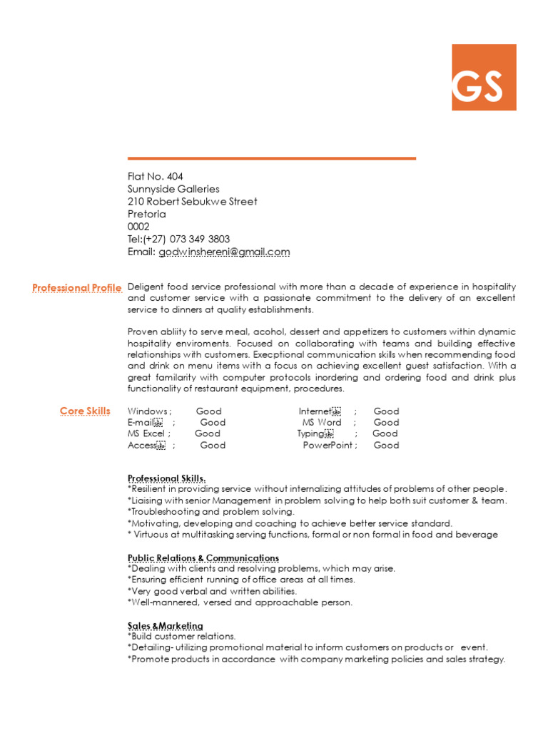 Experienced Hospitality Professional Resume | PDF | Restaurants | Tableware