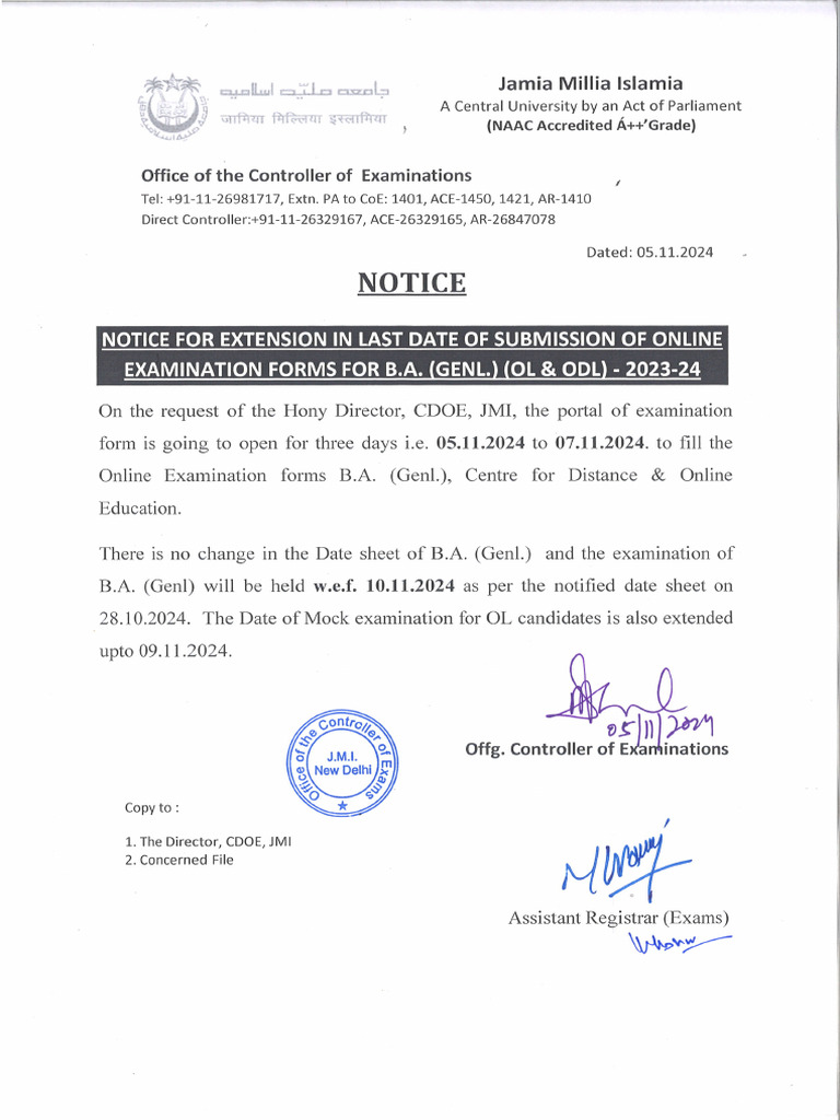 Notice for Last Date Extension b.a (Genral) (Ol & Odl Mode) | PDF