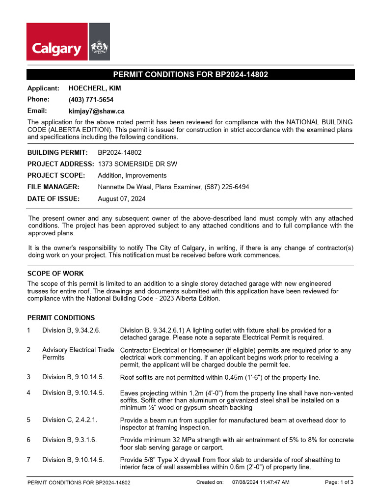 BP2024-14802 - Permit Conditions (2024-08-07) | PDF | Wall | Garage ...