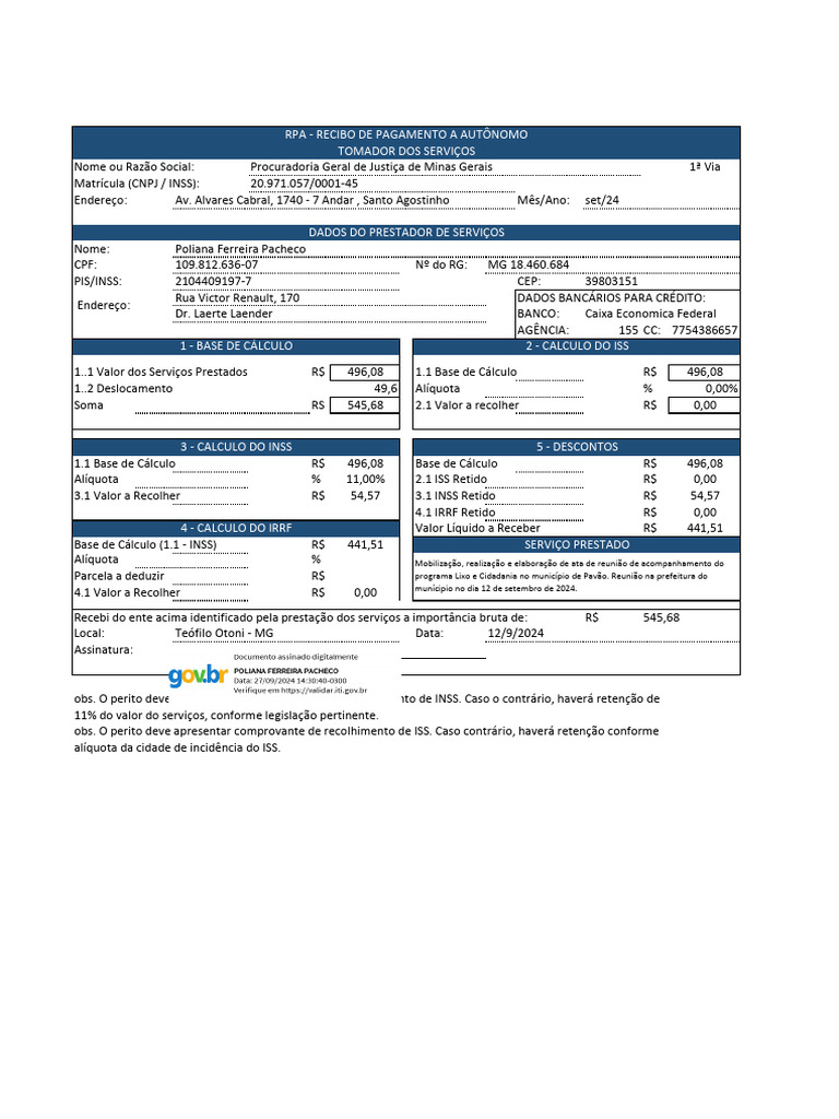 RPA - RECIBO DE PAGAMENTO A AUTONOMO PAVAO 12 DE SETEMBRO Assinado | PDF