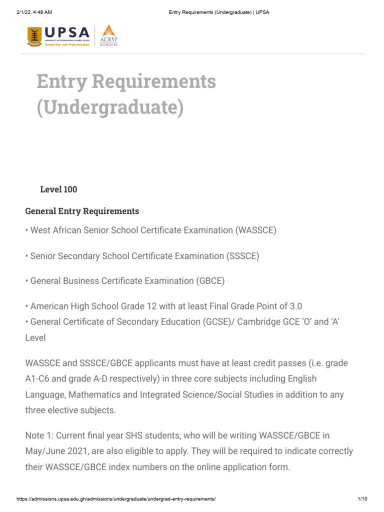 UPSA-Entry Requirements (Undergraduate) | PDF | University And College Admission | Bachelor's Degree