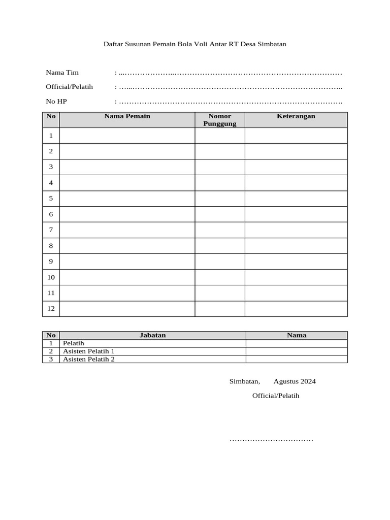 Daftar Susunan Pemain Bola Voli Antar RT Desa Simbatan | PDF