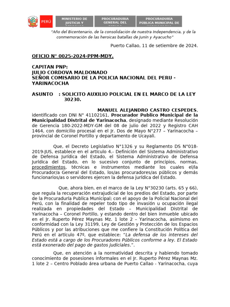 OFICIO A LA COMISARIA - APOYO POLICIAL | PDF | Justicia | Crimen y violencia