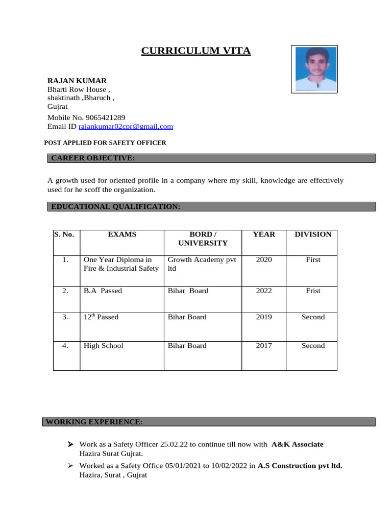 Rajan kumar CV | PDF | Occupational Safety And Health | Personal Protective Equipment