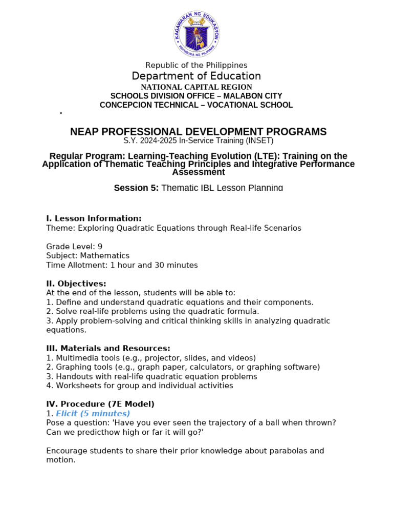 Session 5_Handout 1_Thematic IBL Lesson Plan INDIVIDUAL | PDF ...