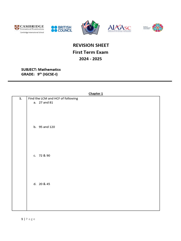 Grade 9 Maths Semester 1 Revision Sheet | PDF | Discrete Mathematics | Elementary Mathematics