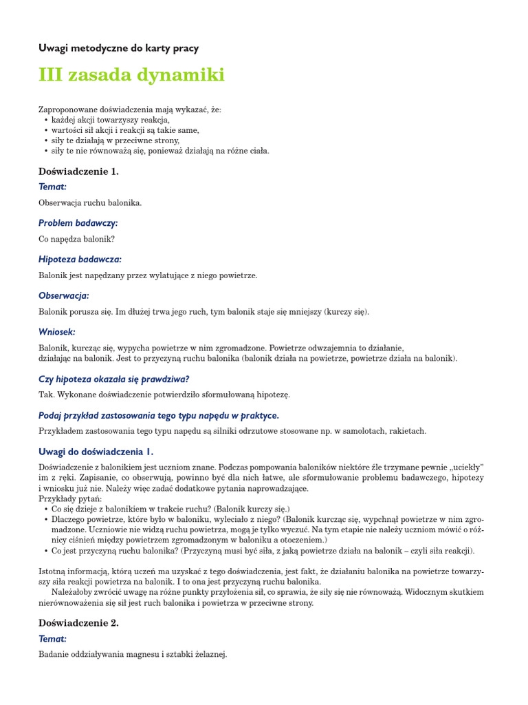 Karta Pracy III Zasada Dynamiki Uwagi Metodyczne | PDF