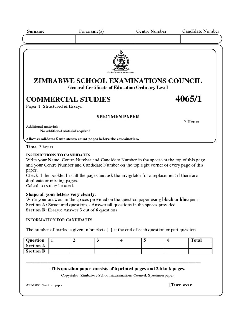 Zimsec o Level Commerce Paper 1 | PDF | Business | Economies