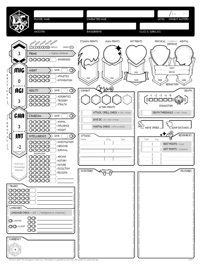 DC20 Alpha 0.6 (Fillable) Character Sheet | PDF | Entertainment | Role Playing Games