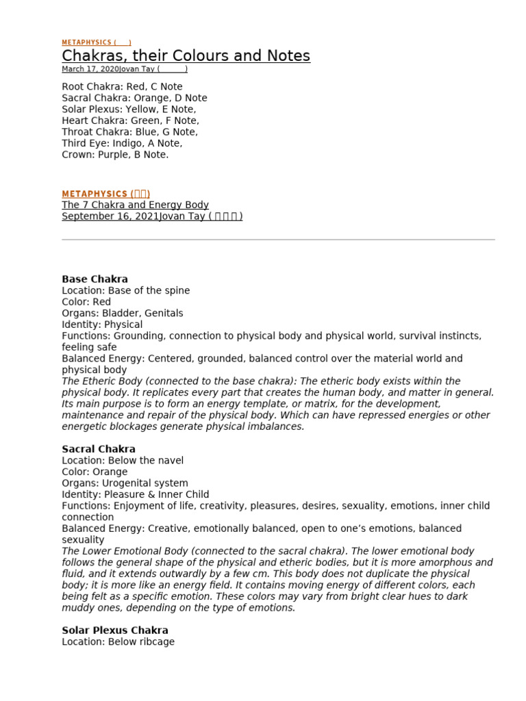 Chakras, their Colours and Notes | PDF | Chakra | Soul