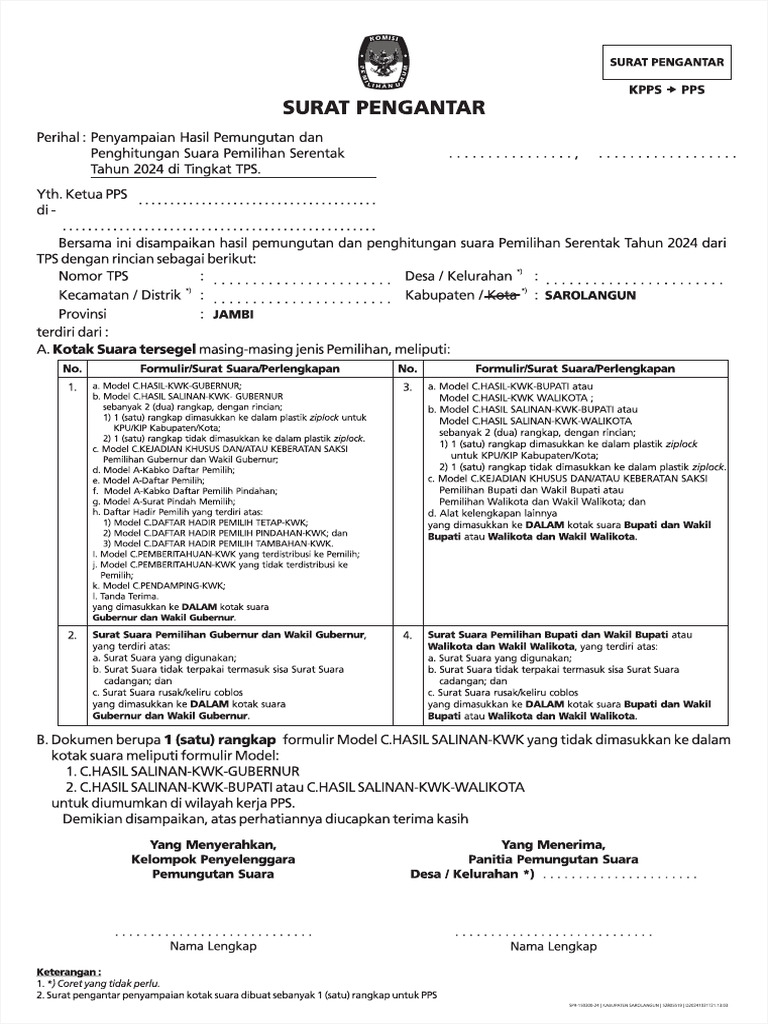 KPPS Ke PPS Surat Pengantar - Print | PDF
