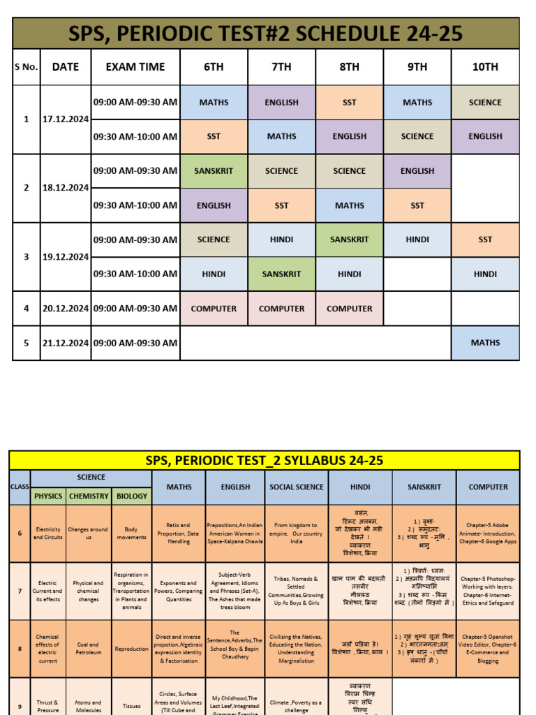 SPS, Periodic Test#2 Schedule 24-25: Date Exam Time 6TH 7TH 8TH 9TH ...