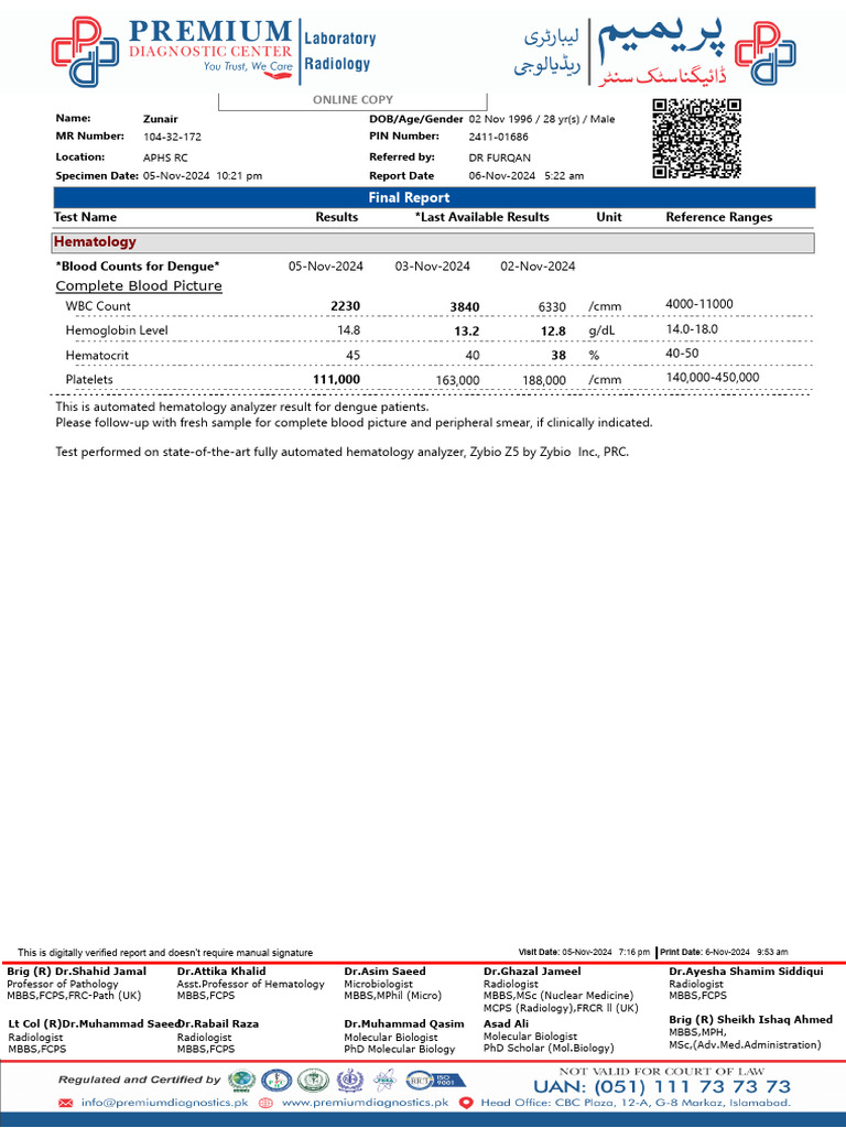 Blood Counts For Dengue - 2411-01686 | PDF | Pathology | Body Fluids